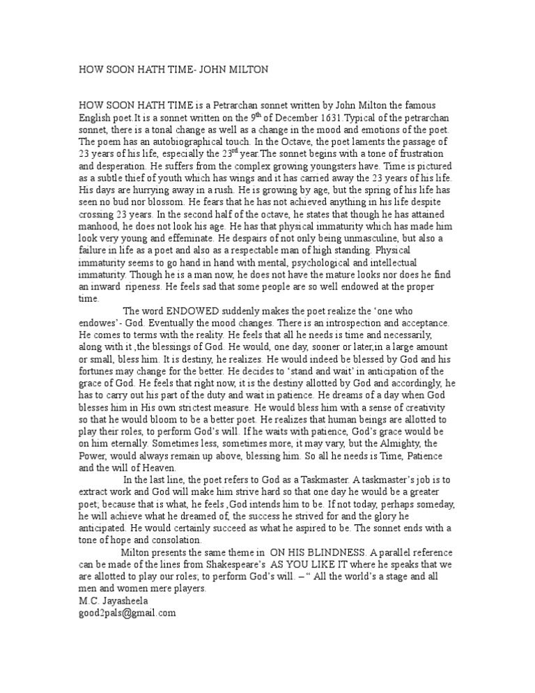 Milton's "How Soon Hath Time" Analysis | PDF | Sonnets | Patience