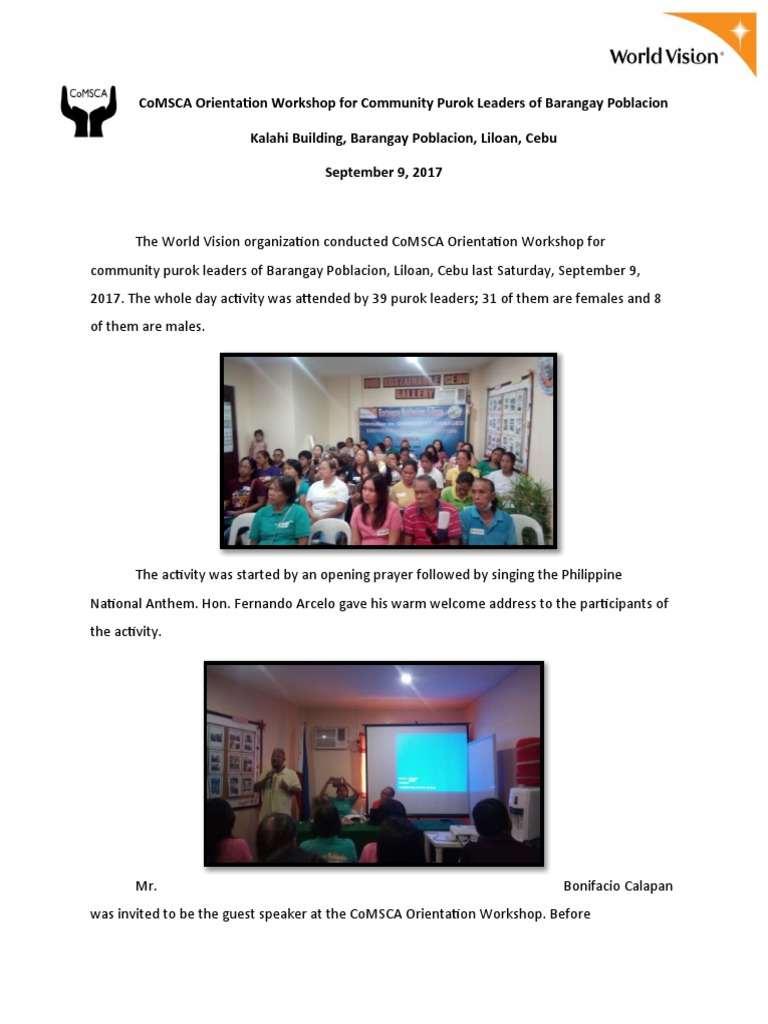 CoMSCA Orientation Workshop For Community Purok Leaders of Barngay ...