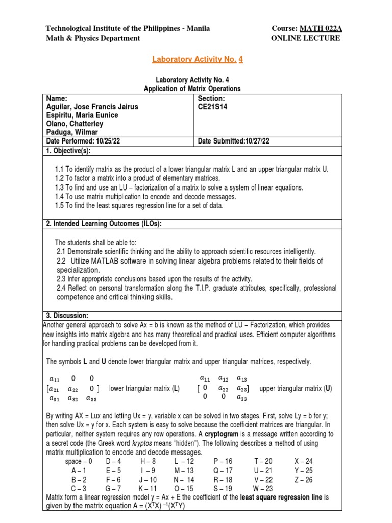 Determining the LU Factorization of a Matrix and Solving Systems of Linear Equations | PDF ...