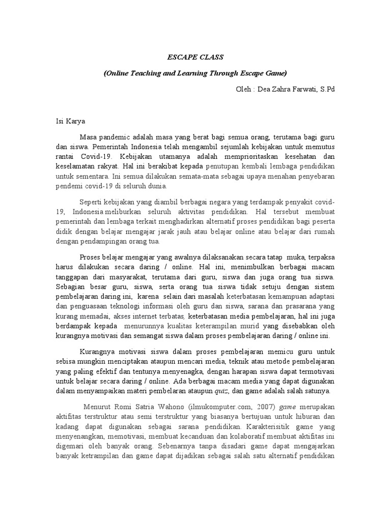 Pembelajaran Daring Dengan Escape Class Pdf Ilmu Sosial 0471