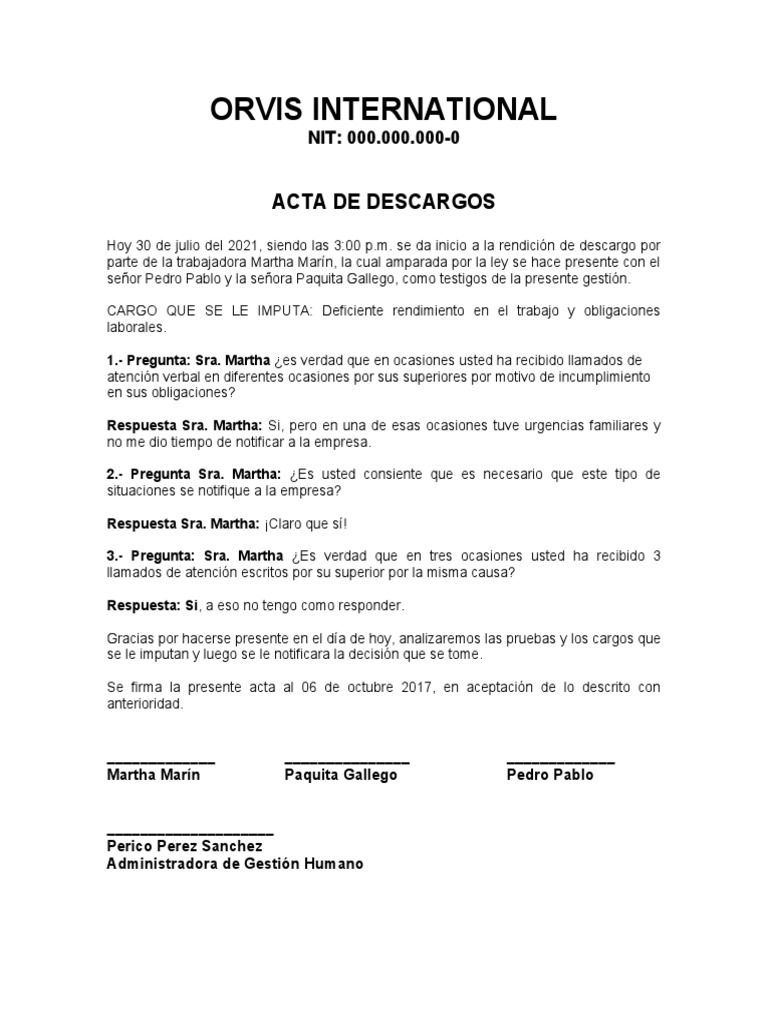 Ejemplo Acta de Descargo Laboral | PDF