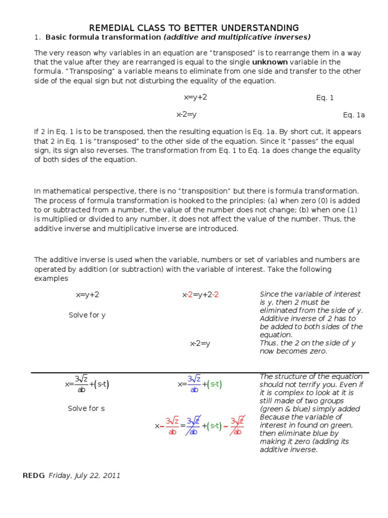 REMEDIAL SESSION - Formula Transformation | PDF | Variable (Mathematics ...