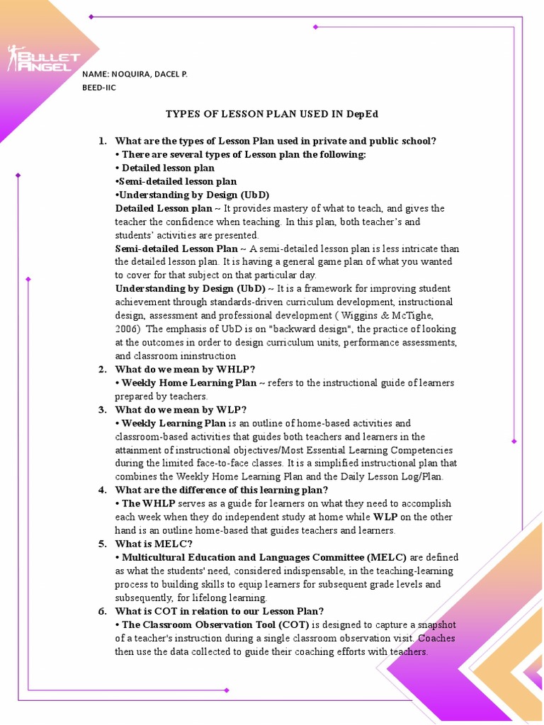 Types Of Lesson Plans Used In Deped