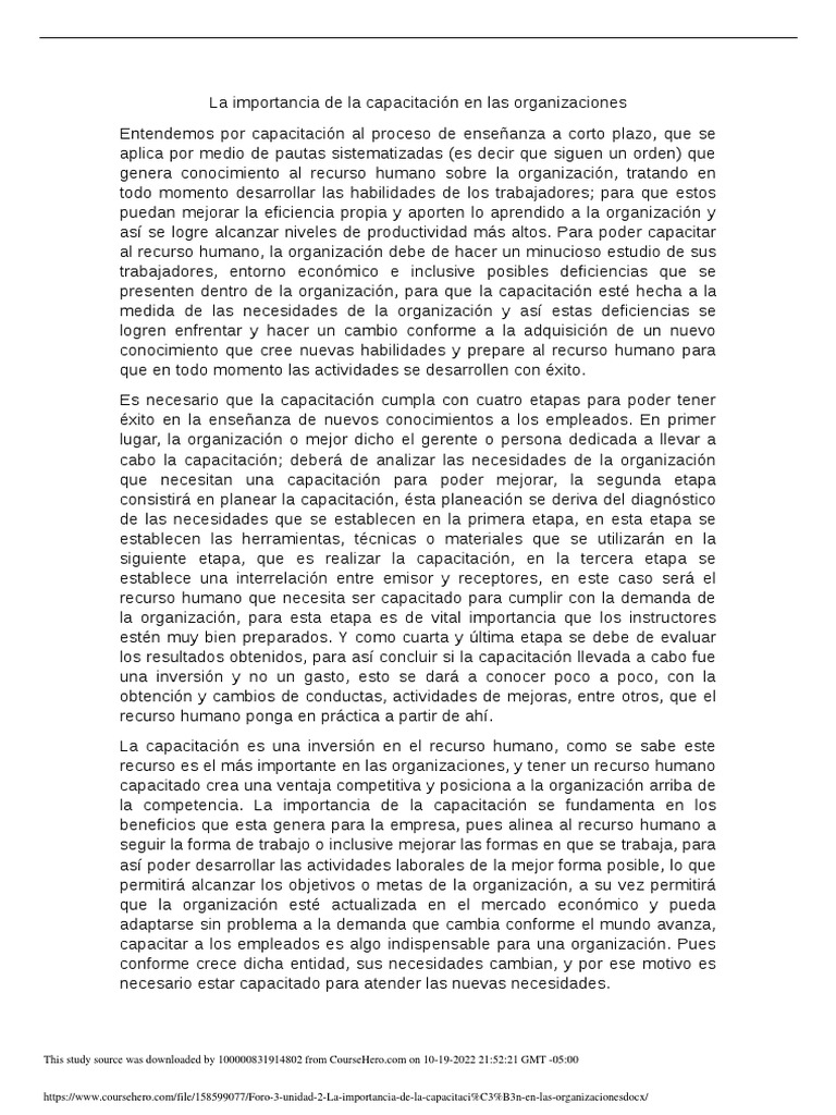 Foro 3 Unidad 2 La Importancia de La Capacitaci N en Las Organizaciones | PDF | Gestión de ...