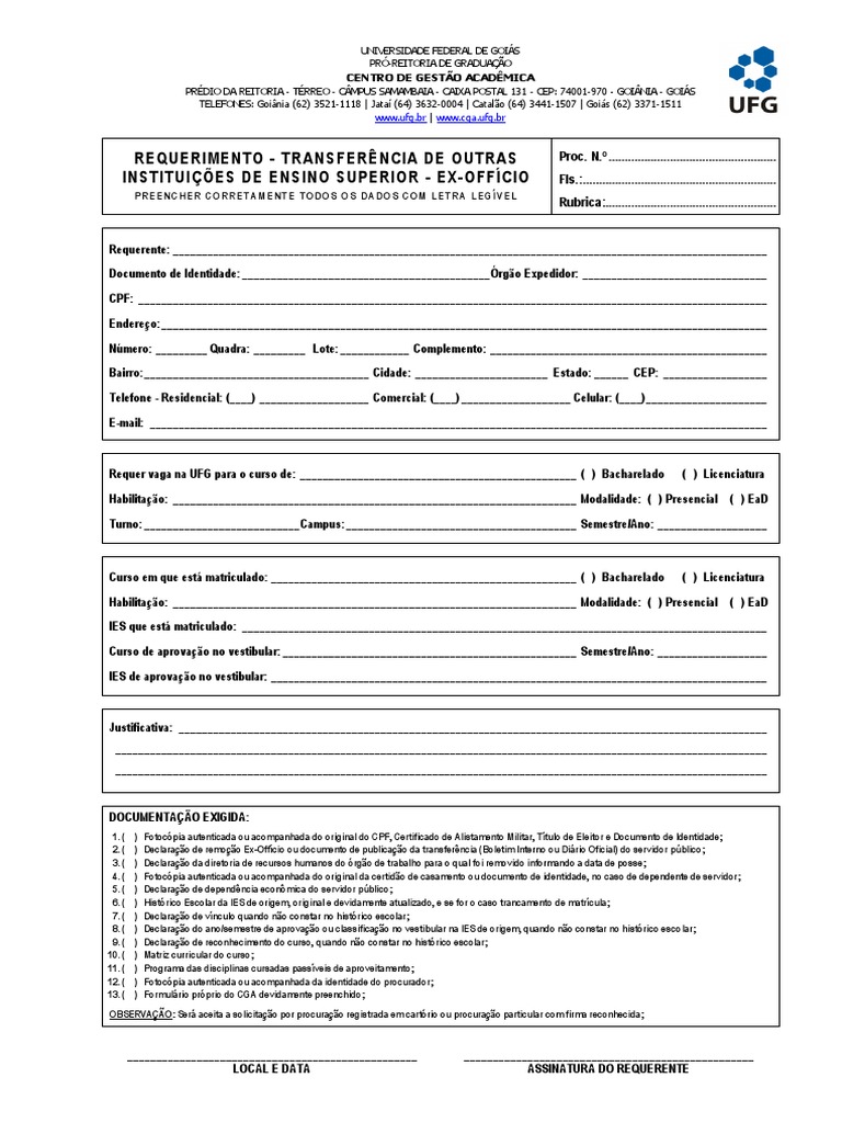 Formulario Requerimento - Transferencia Ex-Officio | PDF | Estágios educacionais | Ensino Superior
