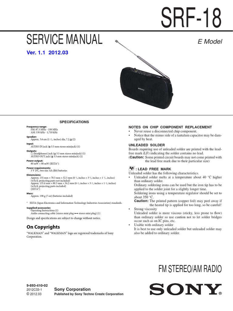 Sony SRF-18 Radio FM Stereo AM External Speaker Service Manual | PDF | Frequency Modulation ...