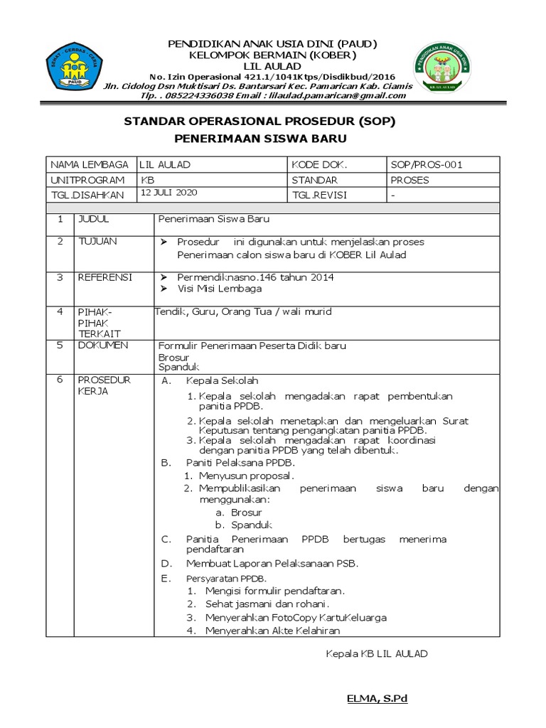 SOP Pendaftaran Dan Penerimaan Siswa Baru | PDF