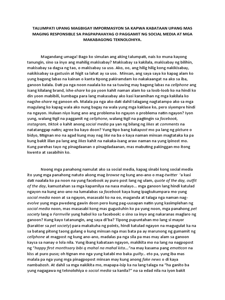 Talumpati Upang Magbigay Impormasyon Sa Kapwa Kabataan Upang Mas Maging ...