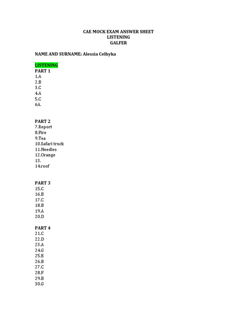 Cae Listening Mock Exam 1 Answer Sheet | PDF