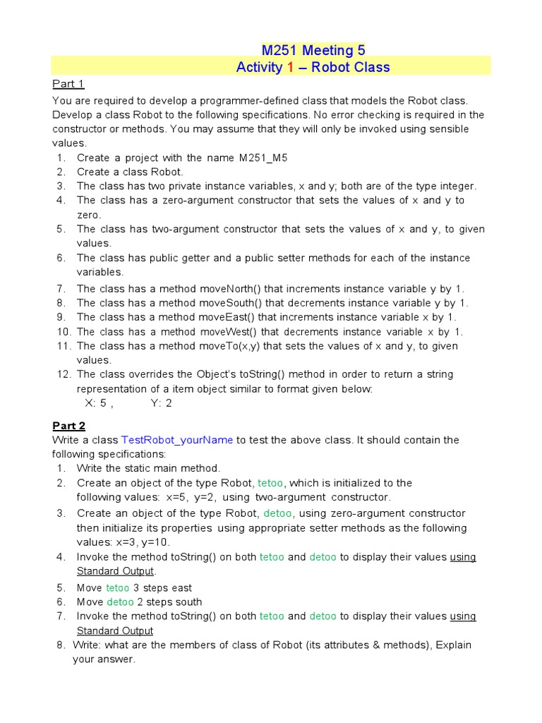 M251 - Meeting 5 - Activity - Solution | PDF | Method (Computer Programming) | Class (Computer ...