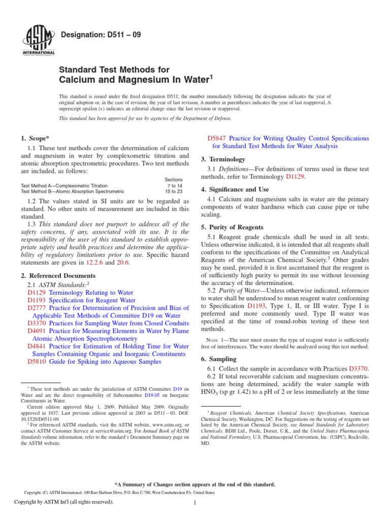 ASTM D511.Standard Test Methods For Calcium and Magnesium in Water ...