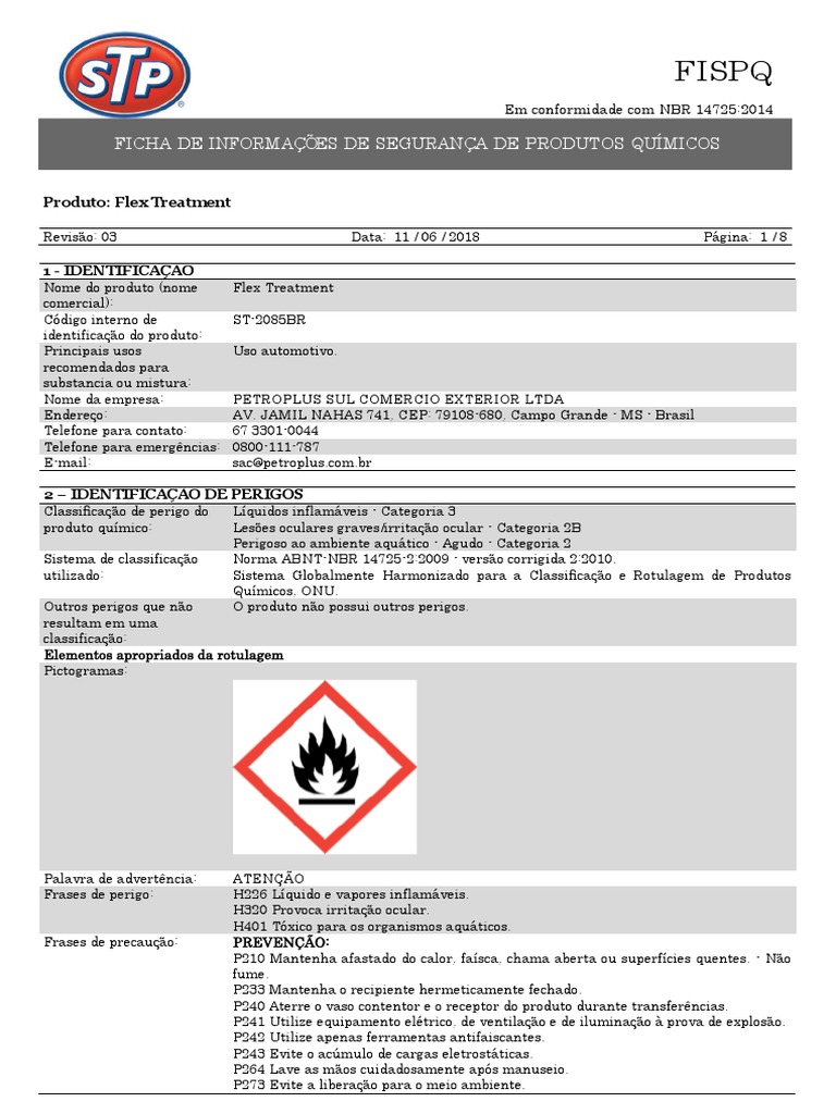 FISPQ do Produto Flex Treatment | PDF | Solubilidade | Combustão