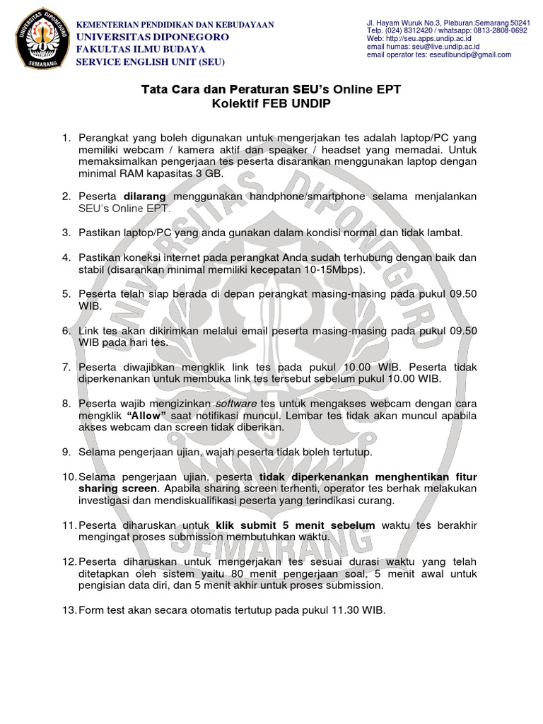 Tata Cara Dan Peraturan SEU's Online EPT Kolektif FEB UNDIP | PDF