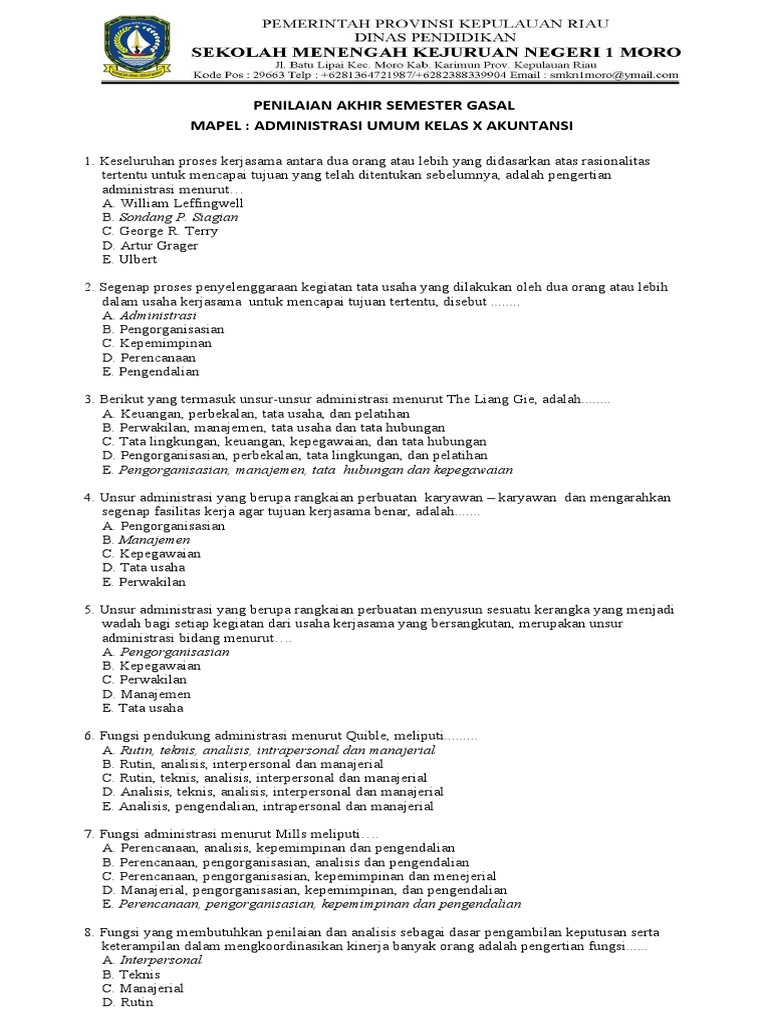 Soal Adm Umum Kelas X Gasal 2022 | PDF