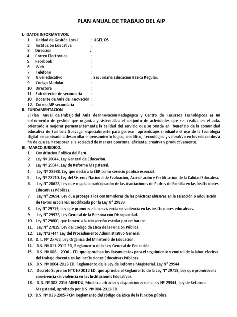 Plan Anual de Trabajo Del Aip | PDF | Maestros | Salón de clases