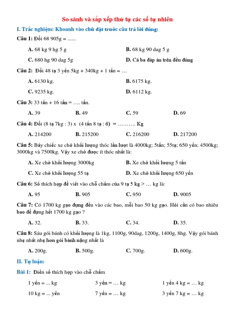 Bai Tap Yen Ta Tan Bang Don VI Do Khoi Luong Lop 4 Co Loi Giai | PDF