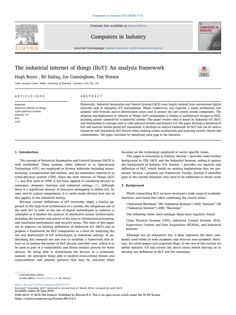 The Industrial Internet of Things (IIoT) - An Analysis Framework-Hugh Boyes-2018-12 | PDF ...