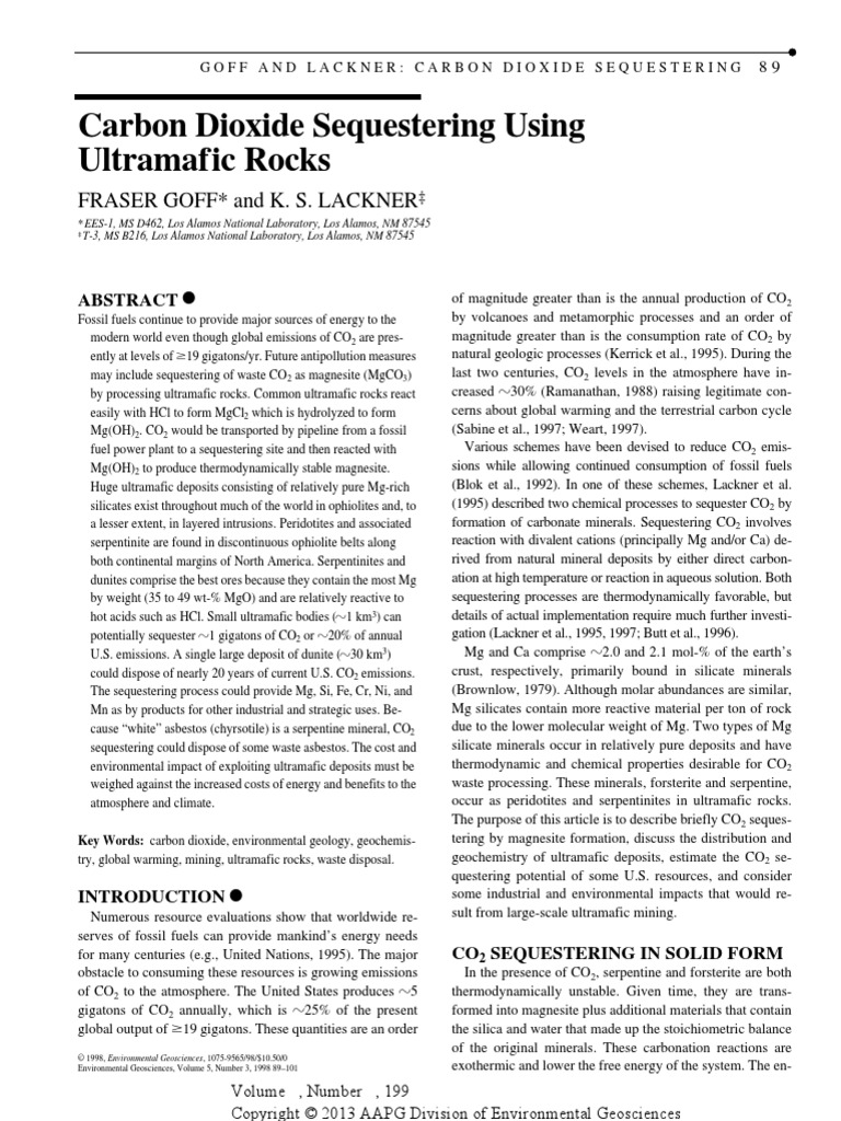Carbon Dioxide Sequestering Using Ultramafic Rocks: Fraser Goff and K ...