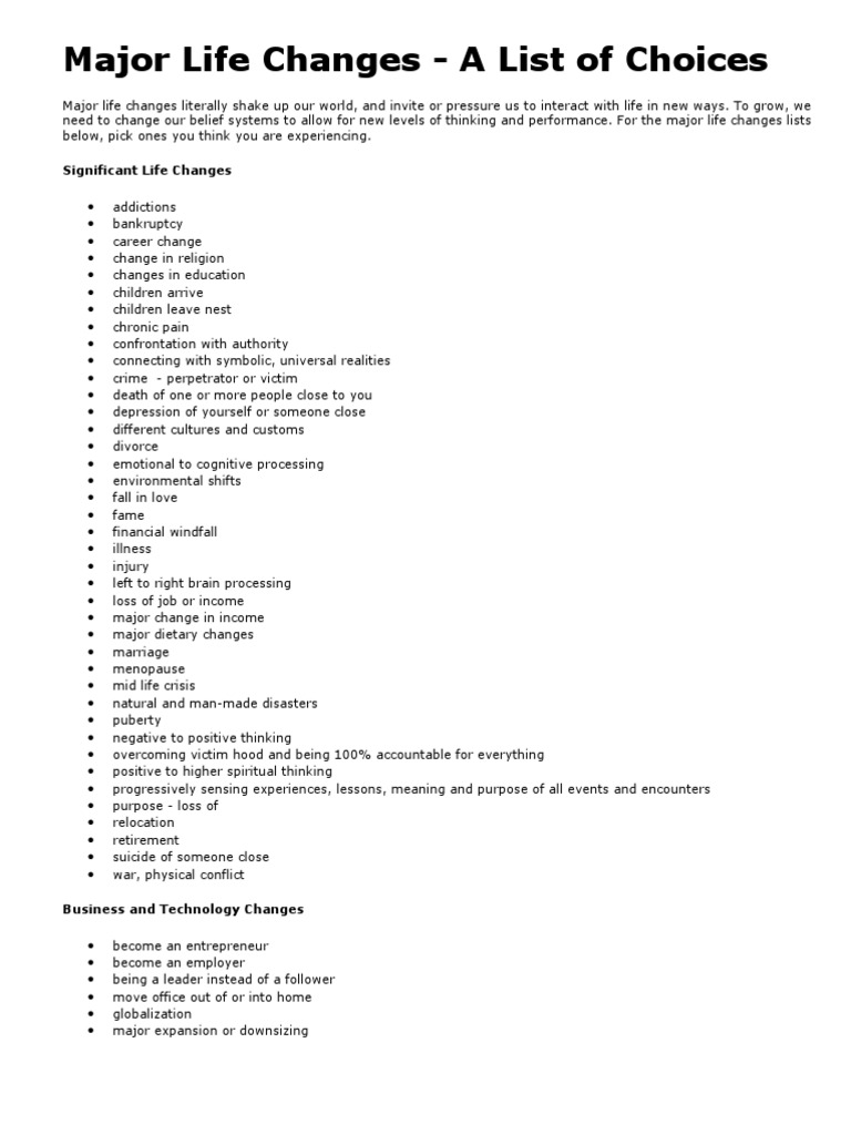 Major Life Changes - A List of Choices | PDF | Action (Philosophy ...