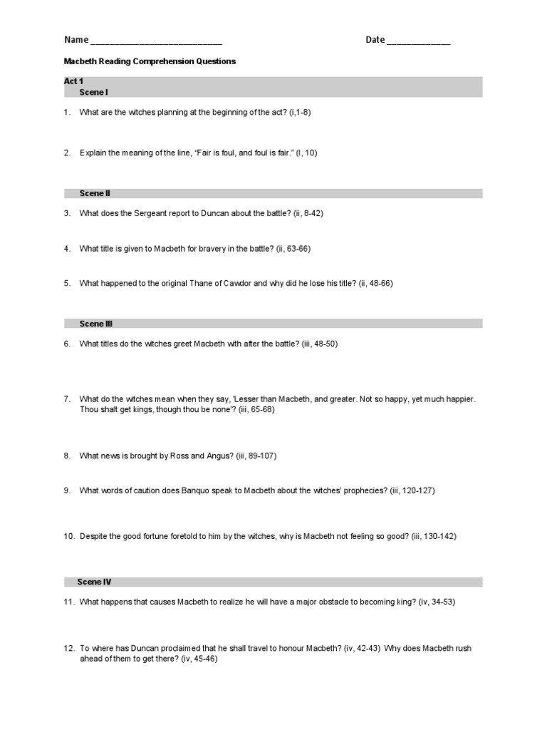 Macbeth Reading Comprehension Questions | PDF | Macbeth