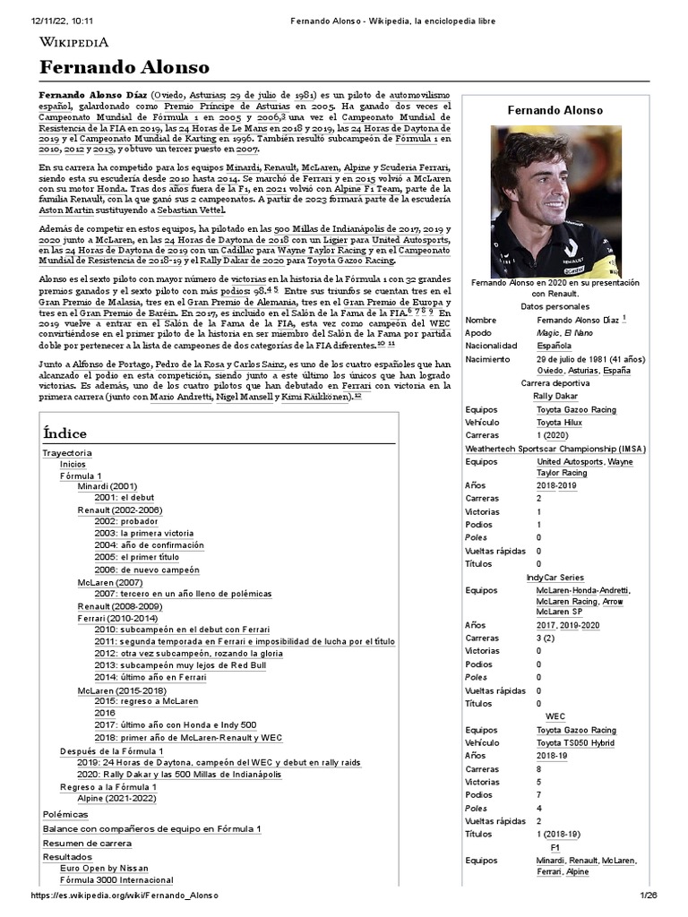 Fernando Alonso - Wikipedia, La Enciclopedia Libre | PDF | Órganos ...