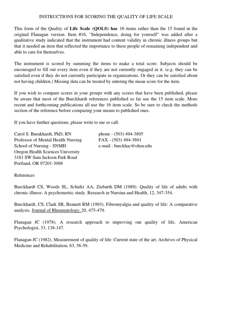 Quality of Life Scale | PDF | Quality Of Life | Nursing