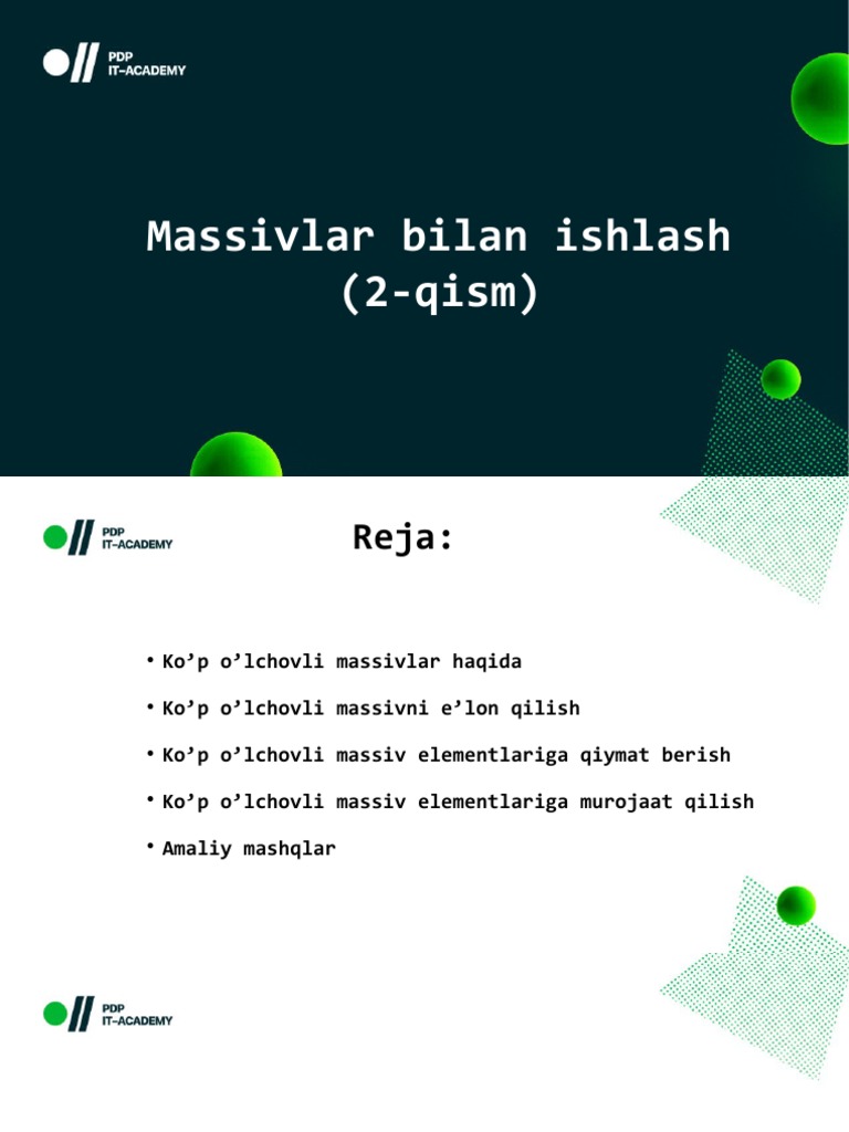 21-Dars. Massivlar Bilan Ishlash (2-Qism) | PDF