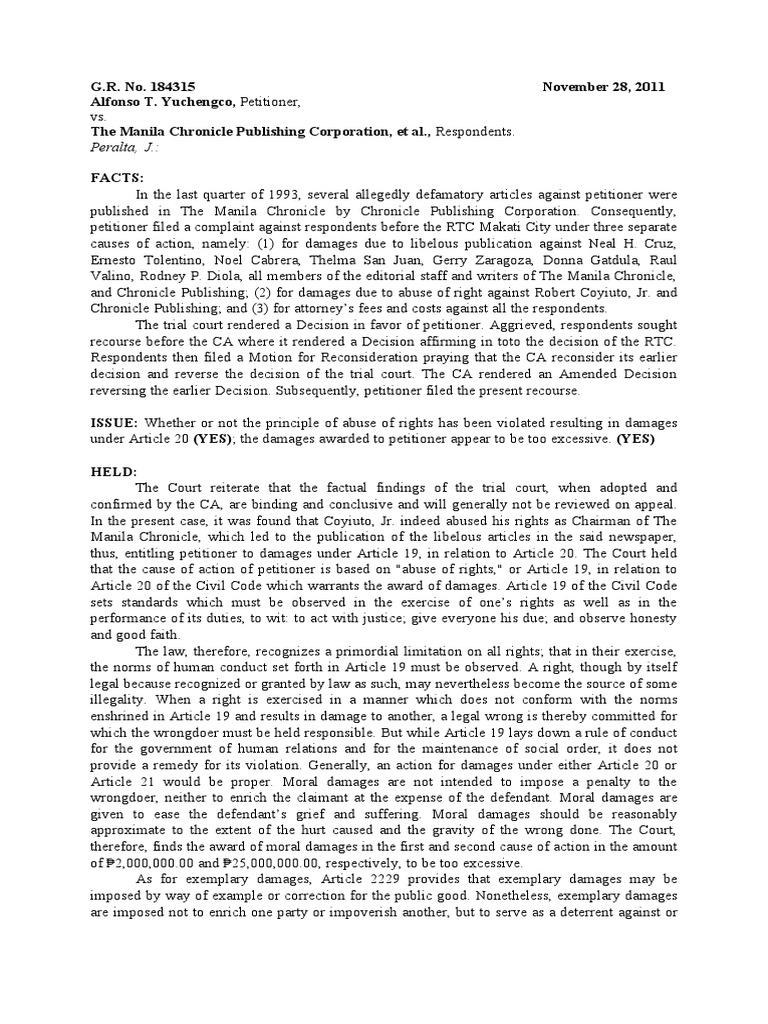 CASE No. 70 Alfonso T. Yuchengco vs. The Manila Chronicle Publication ...