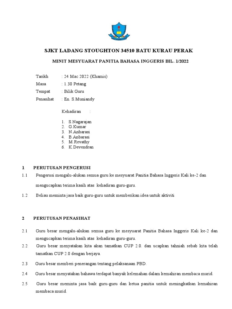 Minit Mesyuarat Bilangan 1 2022 | PDF
