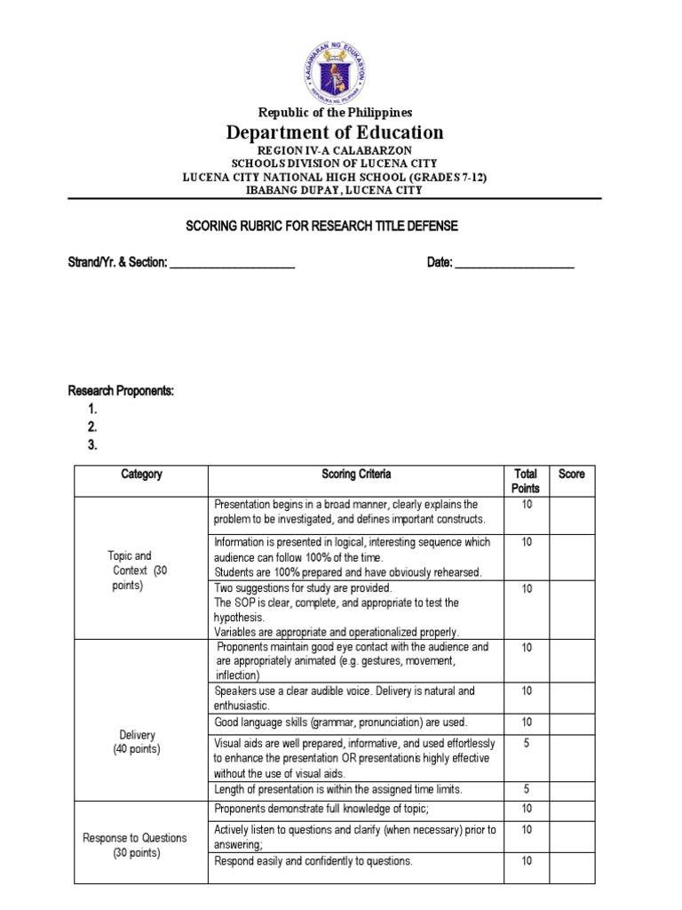 Research Title Defense Scoring Rubric | PDF | Cognitive Science | Cognition