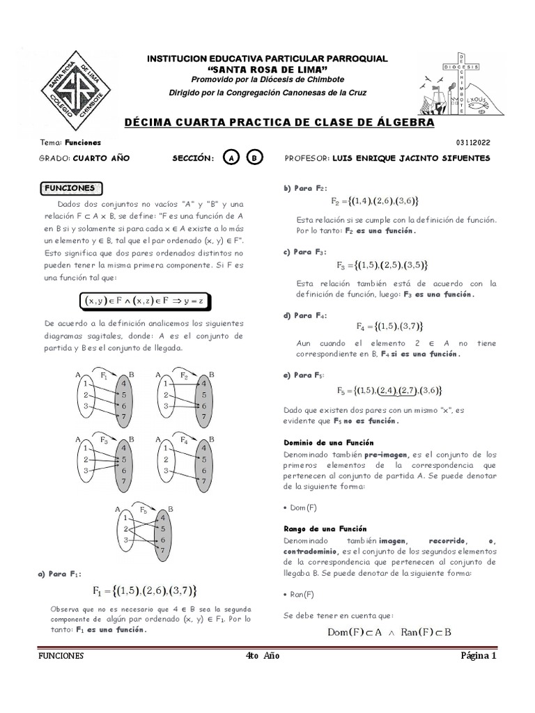 Álgebra 13 14ava Practica de Clase de Funciones | PDF | Función (Matemáticas) | Funciones y mapeos