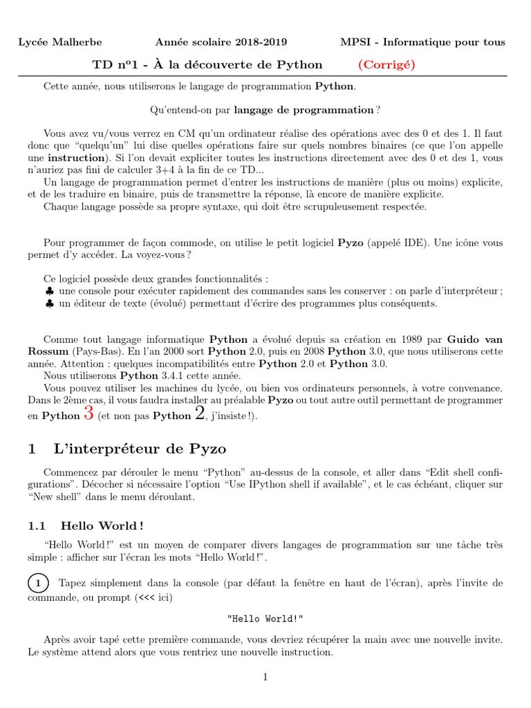 Ipt Mpsi Td1 Corrige | PDF | Python (Langage de programmation) | Programmation informatique