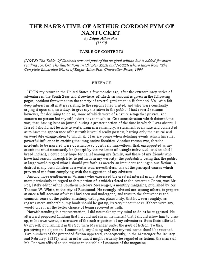 THE NARRATIVE OF ARTHUR GORDON PYM by Edgar Allan Poe | PDF | Edgar ...