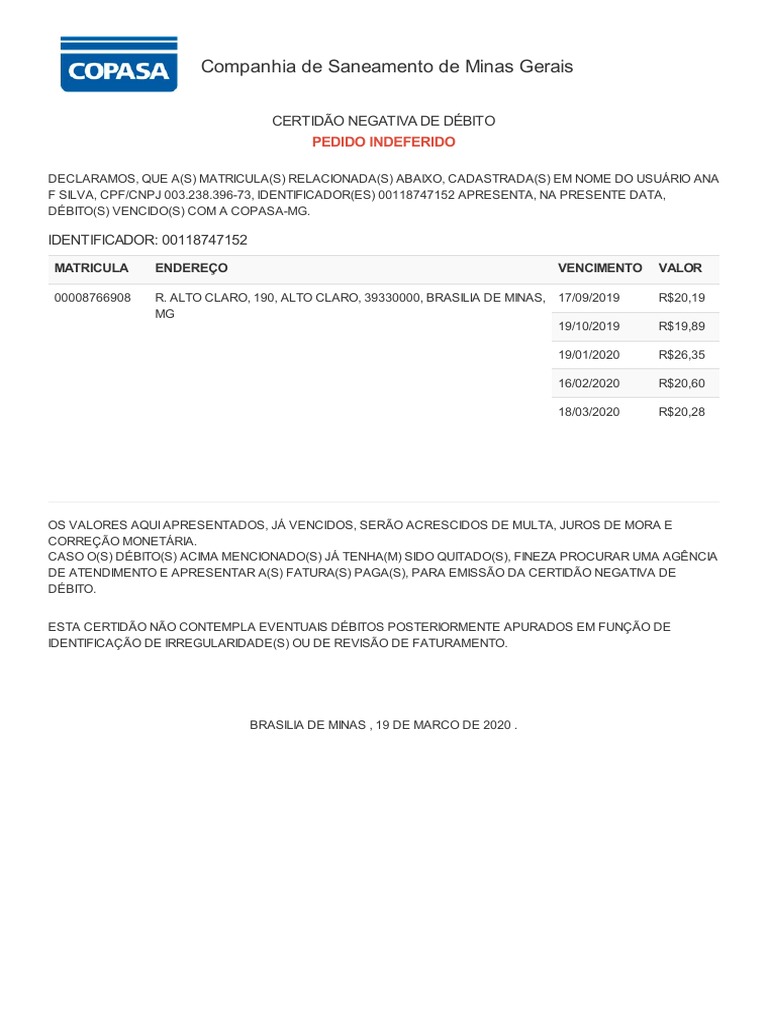 Copasa Certidao Negativa | PDF