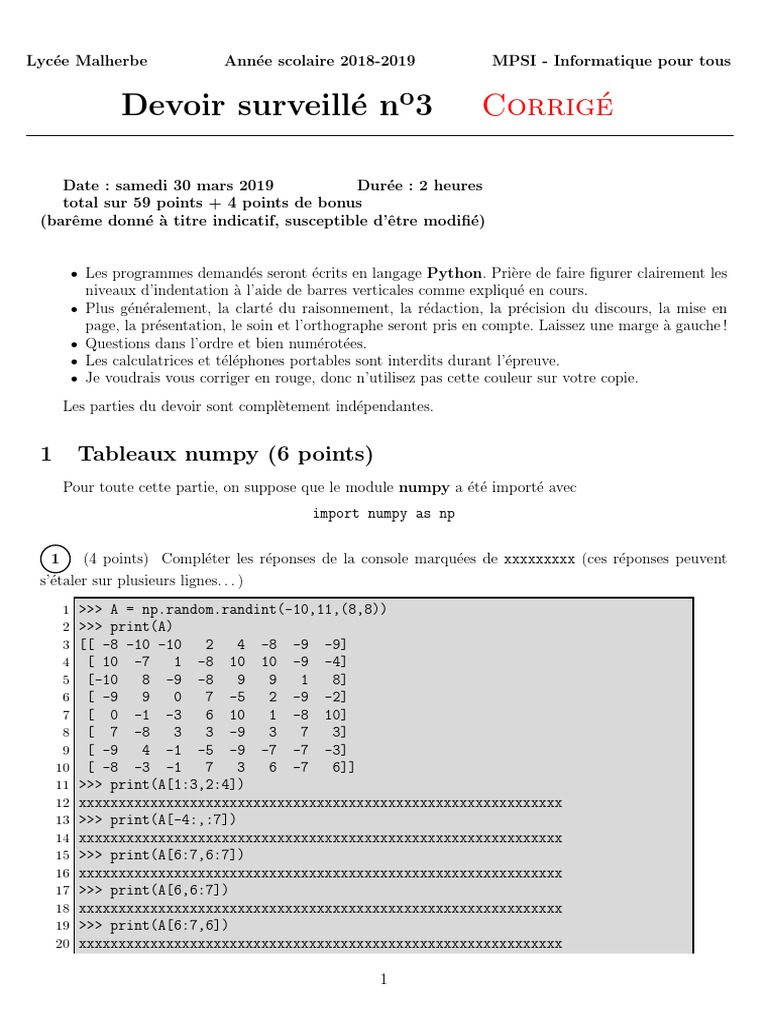 Corrigé Devoir Surveillé MPSI 2018-2019 | PDF | Division | Structure de contrôle