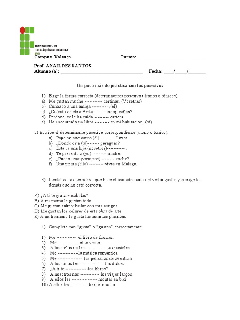 Práctica de Posesivos y Gustar | PDF | Artes del Lenguaje y Comunicación