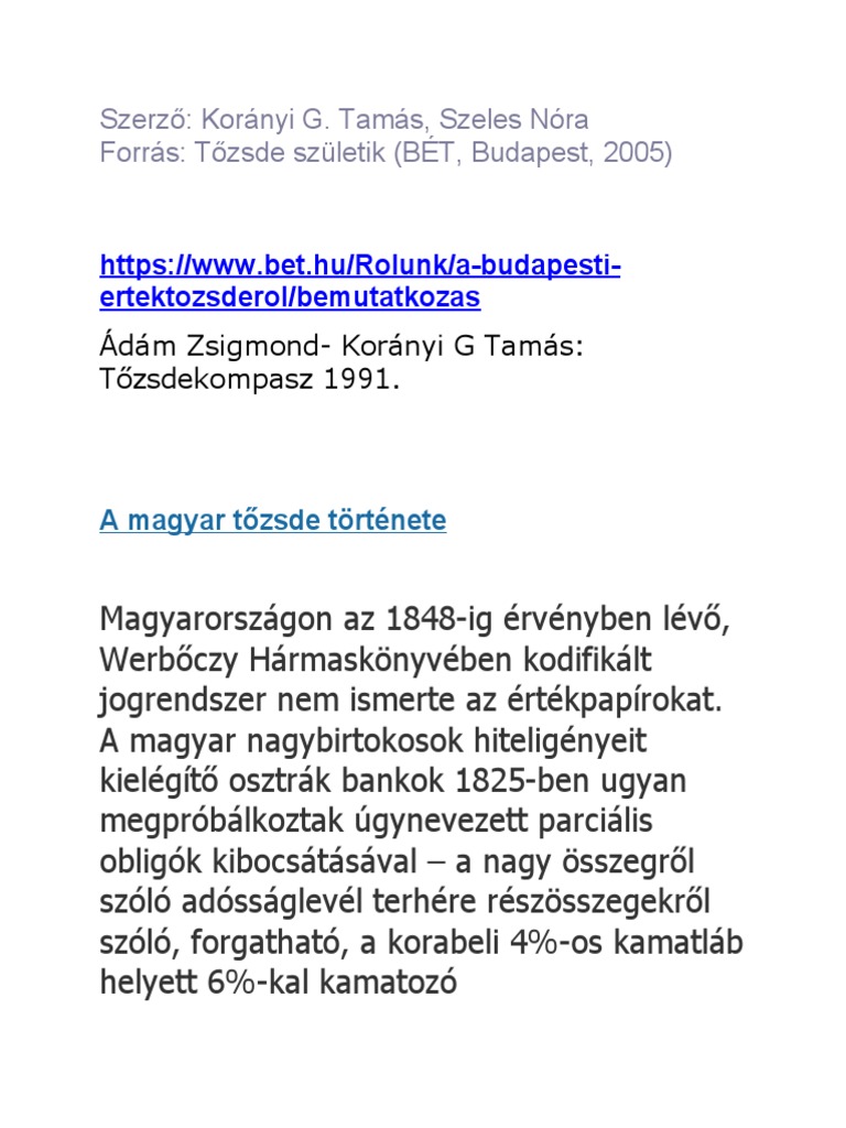 A Magyar Tozsde Tortenete | PDF