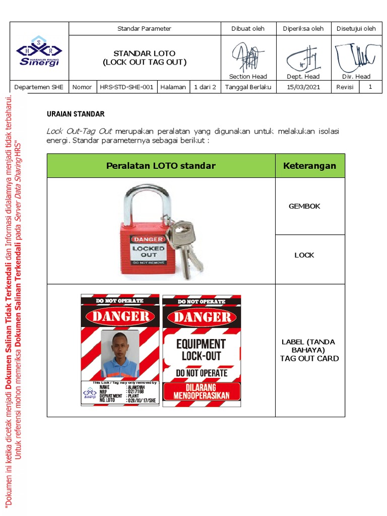 HRS-STD-SHE-001 Standar LOTO - Rev.1 | PDF