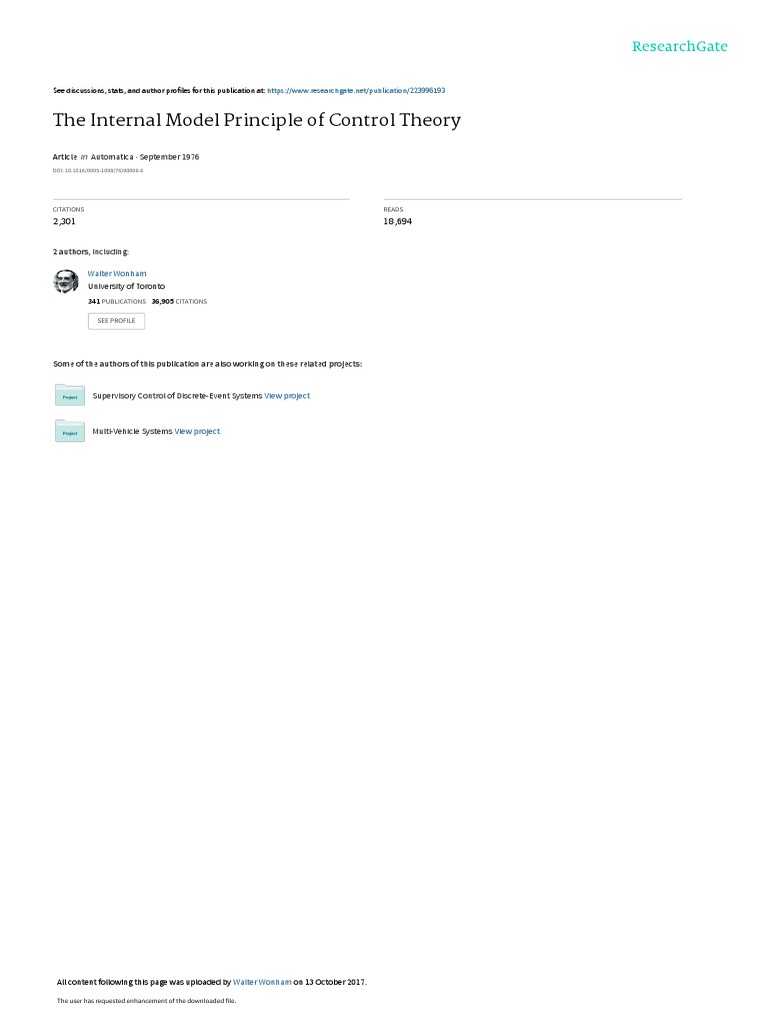 The Internal Model Principle of Control Theory: Automatica September 1976 | PDF | Control Theory ...