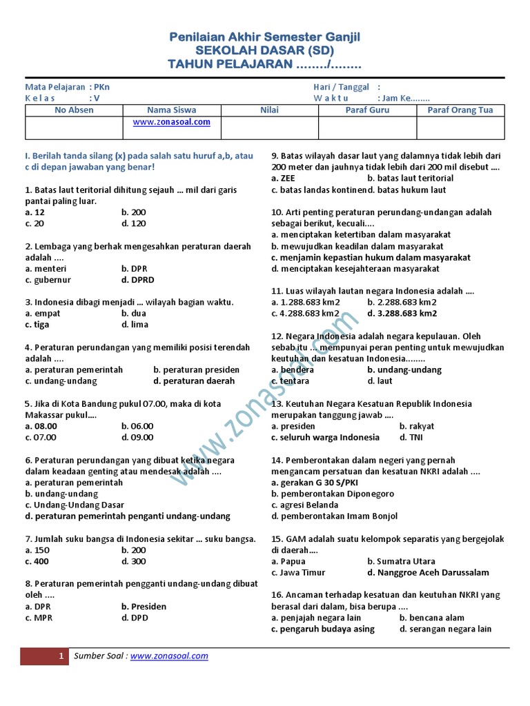 Soal Uas Pas PKN Kelas 5 Semester 1 | PDF