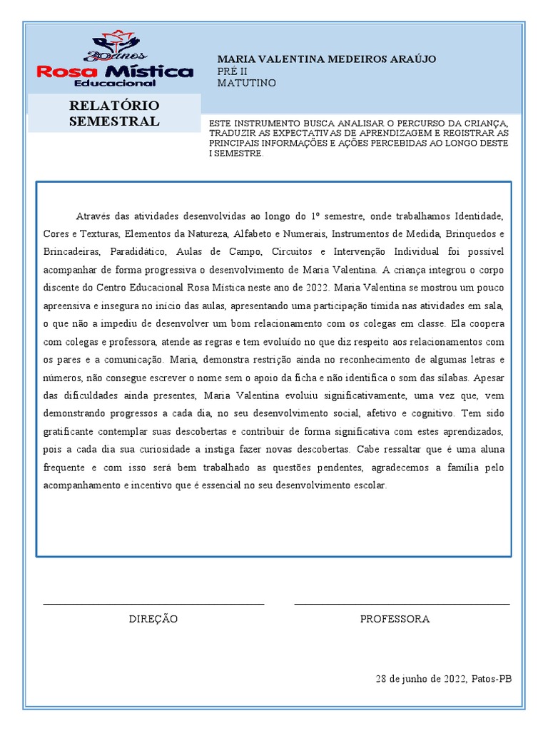 Relatorio Do Pre II MANHÃ | PDF | Aprendizado | Escrita