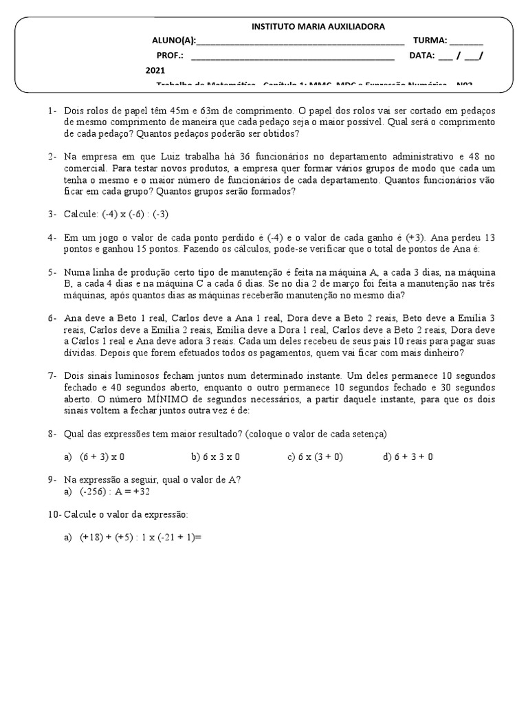 7ano Trabalho MMC e MDC | PDF | Jogos e Atividades | Métodos e Materiais de Ensino