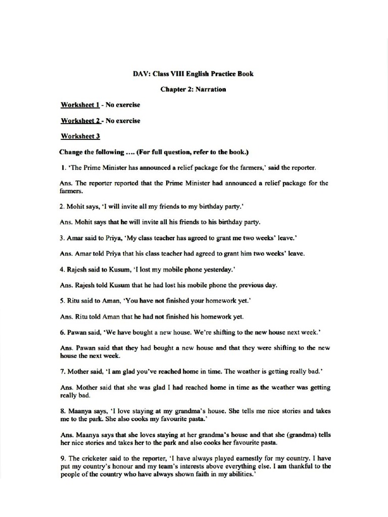 Narration - Class Viii - English Practice Book | PDF
