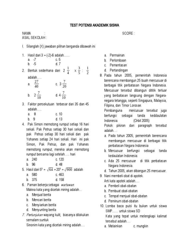 Test Potensi Akademik Siswa | PDF