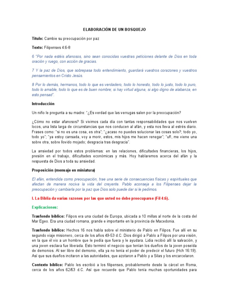 Bosquejo de Sermón: Paz en la Ansiedad | PDF | Pablo el apóstol | Oración