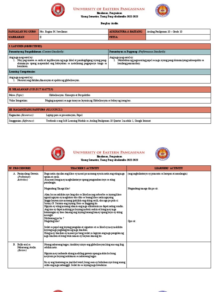 Lesson Plan Template (Filipino) | PDF