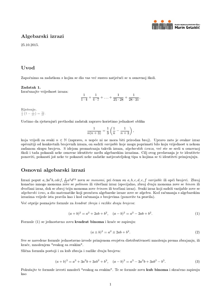 Algebarski Izrazi | PDF