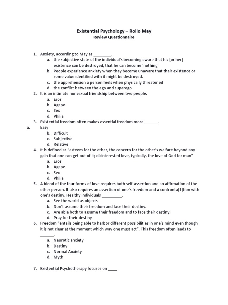 Existential Psychology - Review Questionnaire | PDF | Psychotherapy ...