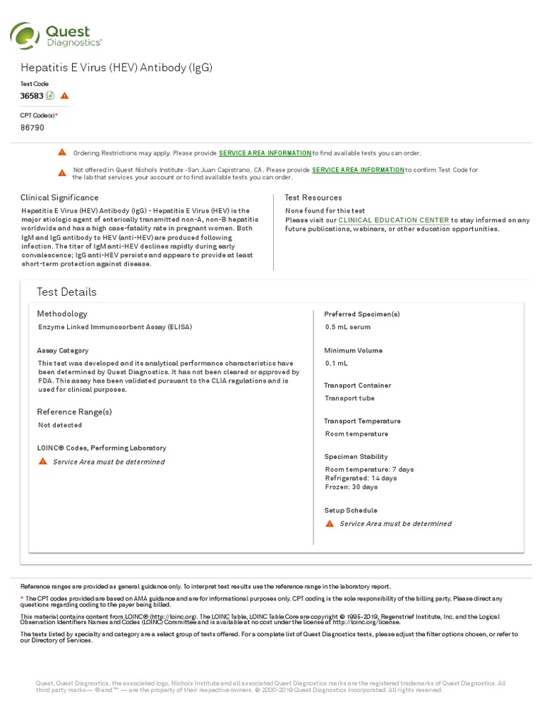 Hepatitis E Virus (HEV) Antibody (IgG) - Test Detail - Quest ...