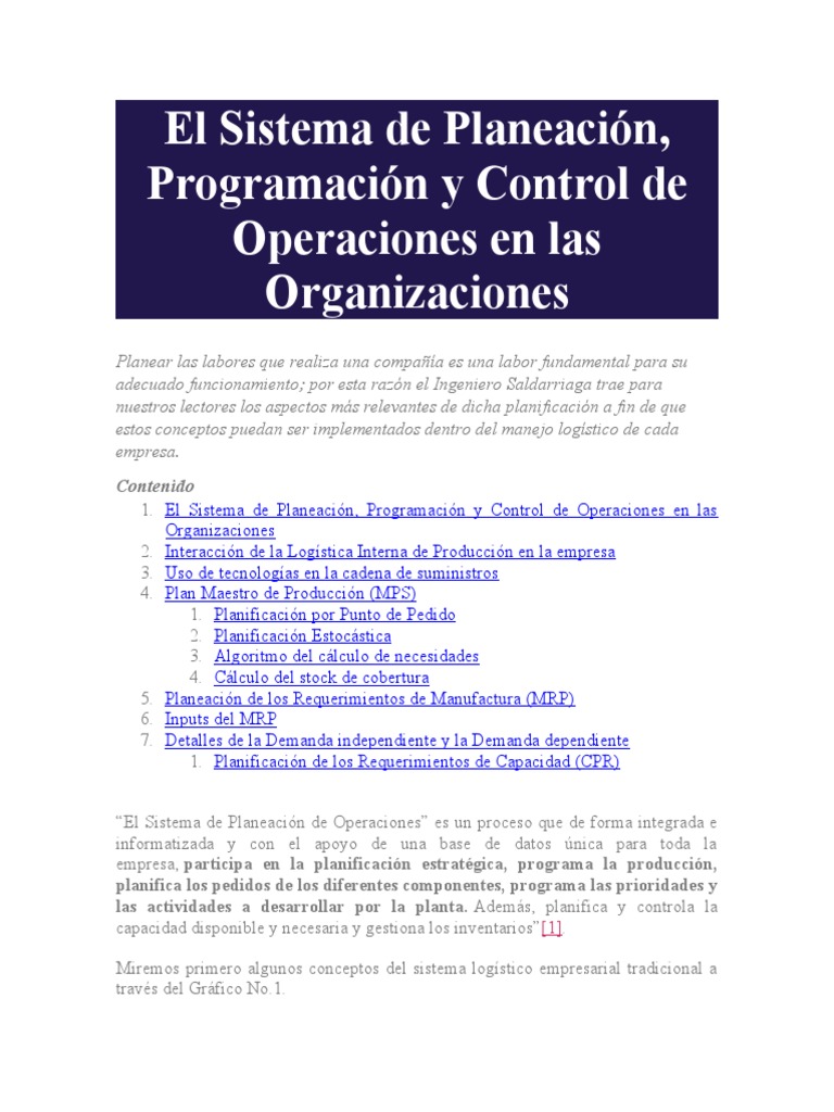 Sistema de Planeación, Programación y Control de Operaciones en Las ...